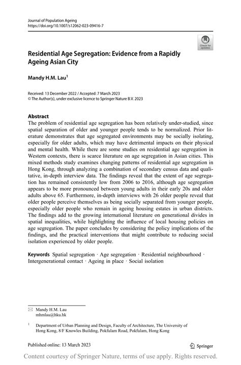Residential Age Segregation Evidence From A Rapidly Ageing Asian City