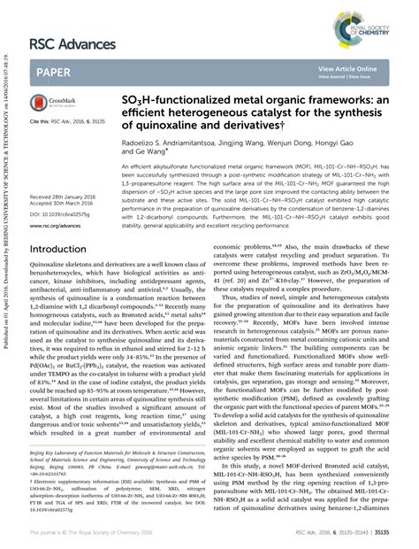 Pdf So3h Functionalized Metal Organic Frameworks An Efficient