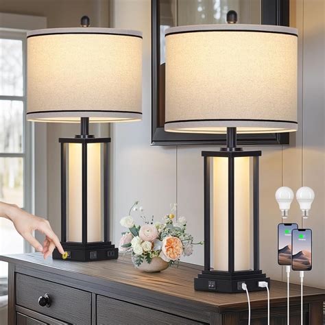 27 Tall Vintage Table Lamp Set Of 2 With Usb C A And Outlet Black