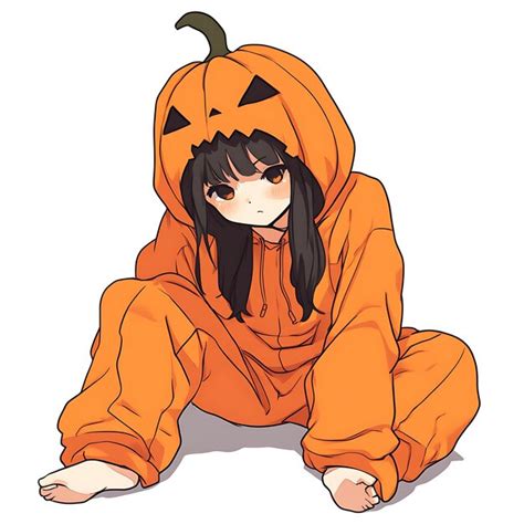 Anime Girl In A Pumpkin Costume Sitting On The Ground Premium Ai