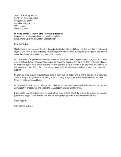 Application Letter Mbhte Jhon Cedrick Q Bello 63 Pc Hill Rosary Heights I Cotabato City
