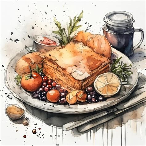 A Drawing Of A Plate Of Bread Fruit And A Jar Of Jam Premium Ai