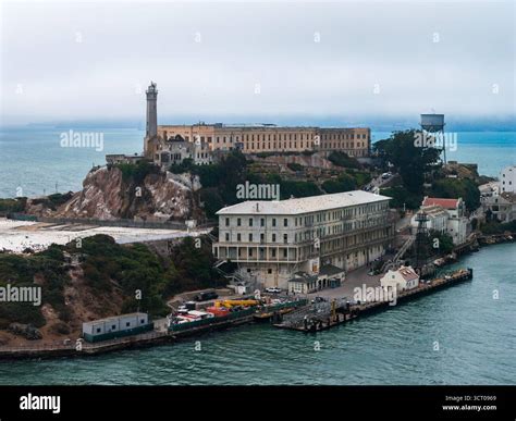 Aerial View Of Alcatraz Island With Prison Complex And Lighthouse Stock