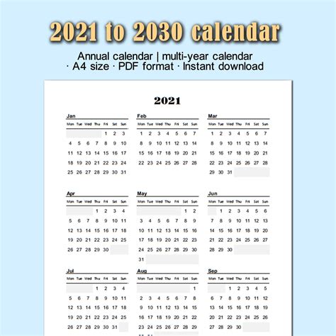 Multi Year Annual Calendar Editable 2021 To 2030 Selection Excel