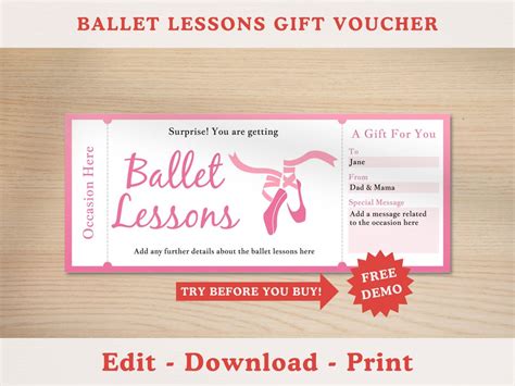 Editable Ballet Lessons T Voucher Template Ballet Classes Printable
