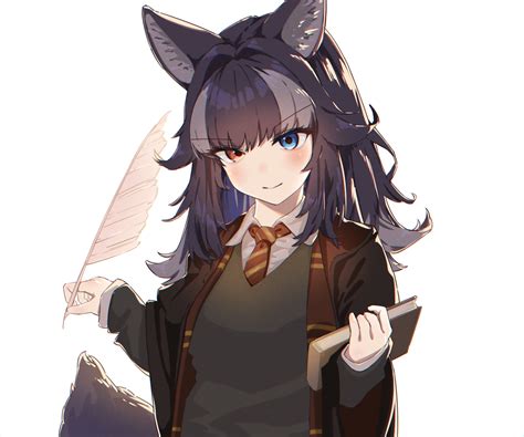 Wolf Girl In Hogwarts Uniform Holding A Quill And Book Hd Wallpaper