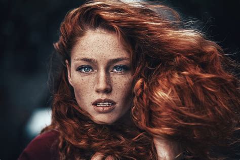 Women Redhead Women Outdoors Freckles Blue Eyes Hands In Hair