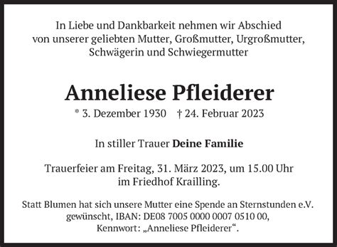 Traueranzeigen Von Anneliese Pfleiderer Trauer Merkur De