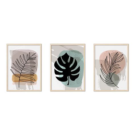 Trei Poster Cu Rama Model Cu Frunze 21x30 Lemn Natural Deschis Emagro