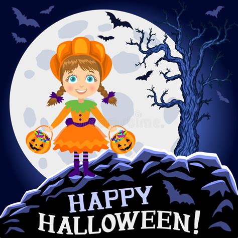 Happy Halloween Girl In Halloween Costume Pumpkin Girl Stock Vector Illustration Of Female