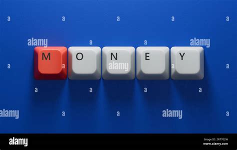 Money Computer Keyboard Keys Spelling Flat Lay View From Above On Blue Background With Computer