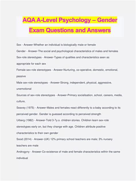 Aqa A Level Psychology Gender Exam Questions And Answers Aqa A