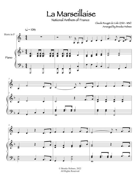 French National Anthem La Marseillaise French Horn And Piano Arr