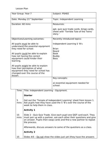 Independent Learning Pshee Year 7 Teaching Resources