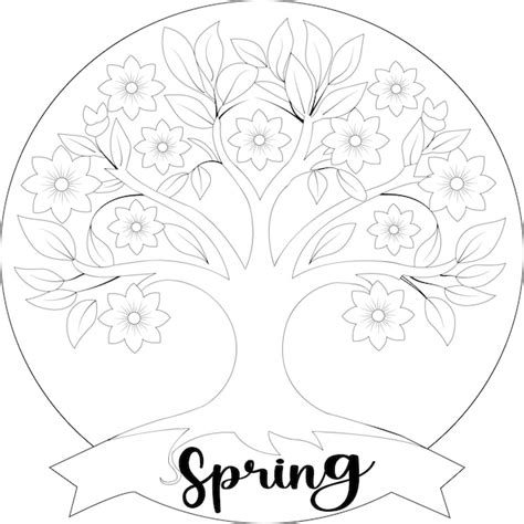 Premium Vector Spring Tree With Flower Coloring Page