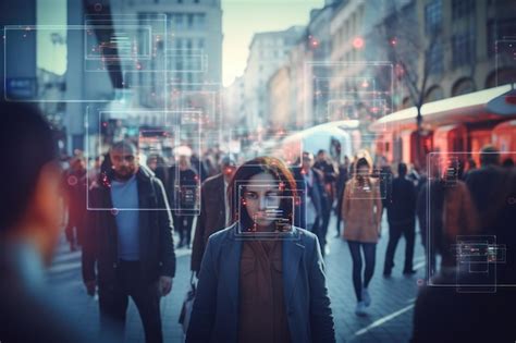 Premium Photo Face Recognition Technology Monitoring People Walking Along City Street Facial
