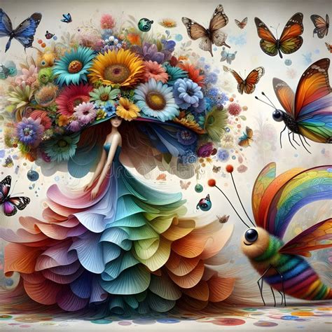 A Bizarre Image With A Female Pixie Wearing A Very Large Flower Hat With Butterflies On It