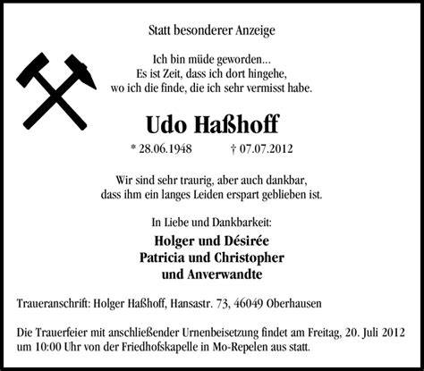 Traueranzeigen Von Udo Haßhoff Trauer In Nrwde