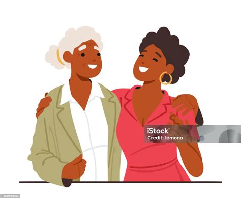 Konsep Bond Of Generations Karakter Wanita Tua Dan Muda Berdiri Bersatu Dalam Pelukan