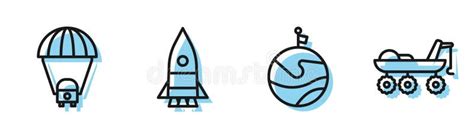 Set Line Moon With Flag Planet Saturn Rocket Ship And Mars Rover Icon