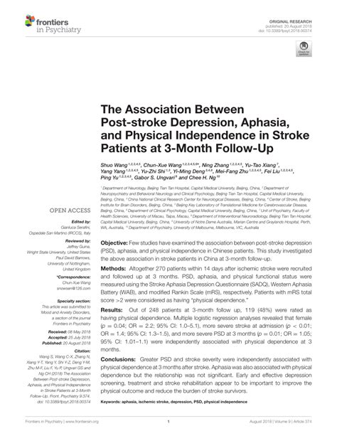 Pdf The Association Between Post Stroke Depression Aphasia And