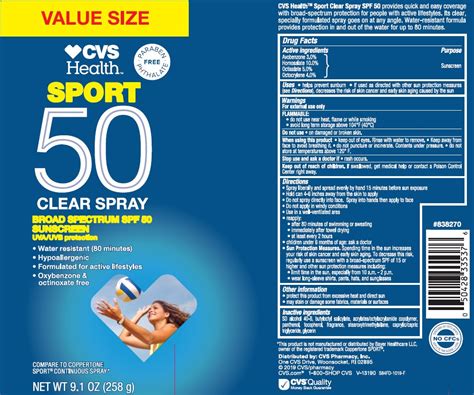 Fda Label For Cvs Health Sport Spf 50 Clear Sunscreen Aerosol Spray