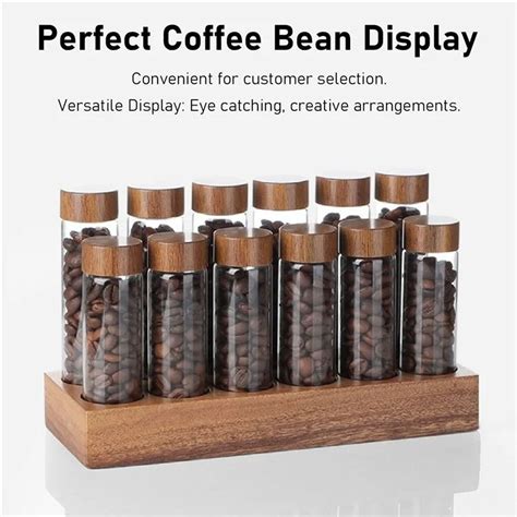 Wholesale Wooden Base Coffee Bean Display Stand With 12 Clear Glass