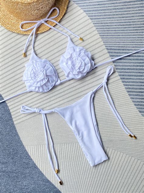 Halter 3d Flowers Mini Micro Thong Bikini Women Swimwear Female