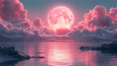 Pink Moon Wallpaper Ocean View Fantasy Landscape Nature Theme
