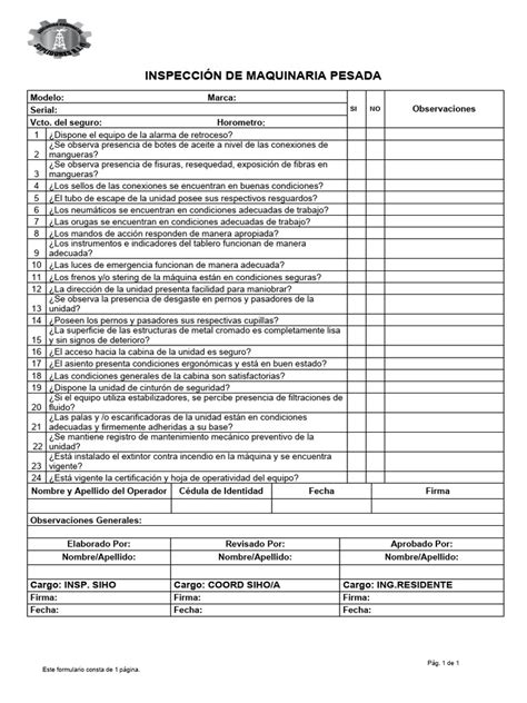 Si Pr0 Formato Inspección De Maquinaria Pesada Pdf