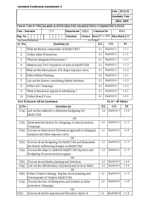Imc Dca 2 Question Paper Escriptive Continuous Assessment Ii Test