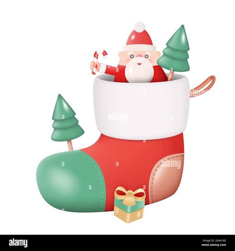 Santa Claus In Christmas Red Sock Isolated On White Background