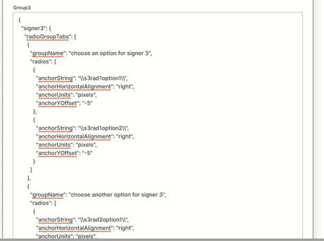 how to include radio button tags for docusign using json zapier