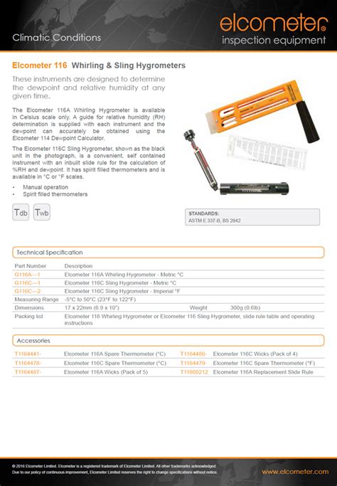 สินค้าแนะนำ เครื่องวัด Sling Hygrometer Brand Elcometer Model 116c รายละเอียดสินค้า