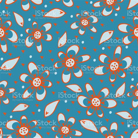 밝은 파란색 배경에 손으로 그린 꽃과 원활한 벡터 패턴 복고풍 설명 꽃 벽지 디자인 데이지 초원 패션 직물 야생화에 대한 스톡 벡터 아트 및 기타 이미지 Istock