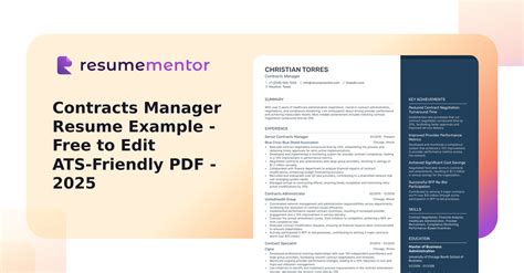 Contracts Manager Resume Example Free To Edit Ats Friendly Pdf 2025