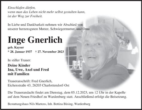Traueranzeigen Von Inge Gnerlich Nordwest Trauer De