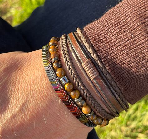 Mens Natural Stone Beaded And Leather Bracelets Set Of 3 Gemstone