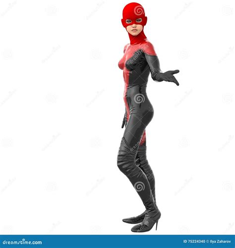 One Girl Teenager Wearing A Red Super Black Latex Suit Stock