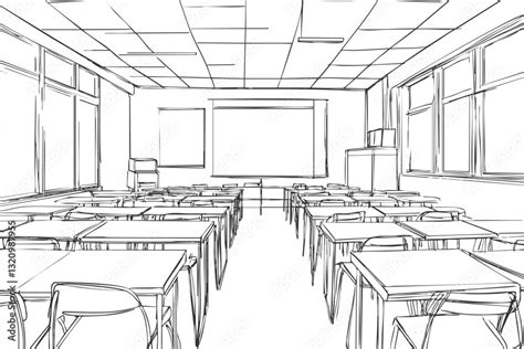 Black And White Sketch Of An Empty Classroom With Desks And Chairs Stock Vector Adobe Stock