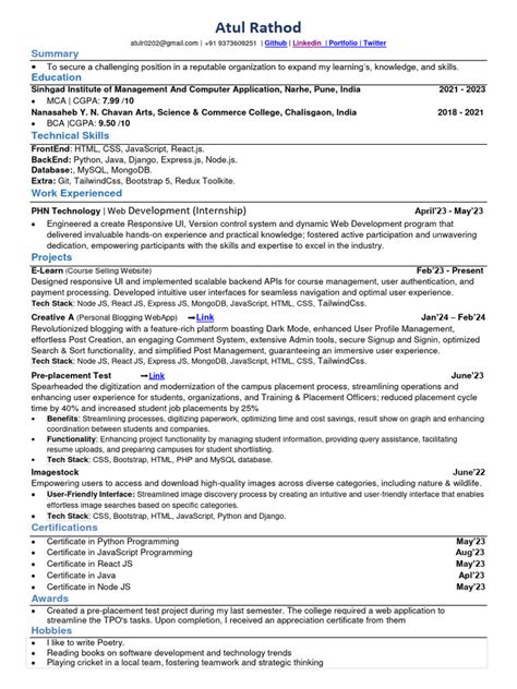 Resume Atul Rathod Pdf Web Development Java Script
