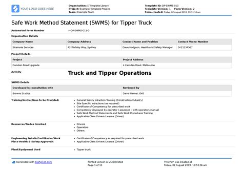 Tipper Truck Safe Work Method Statement Use And Edit This Swms