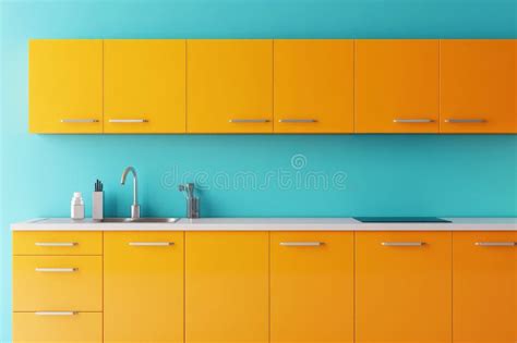 Interior Design Of A Colorful Stylish Kitchen With A Bar Counter Shelves With Kitchenware And