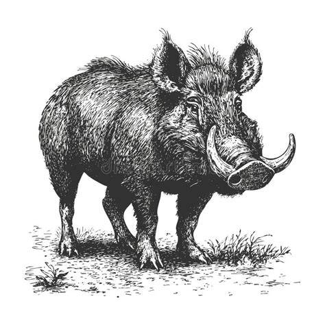 Detailed Black And White Illustration Of A Warthog In Nature Stock