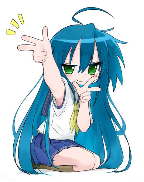 Fusuma Suwaru Boom Izumi Konata Lucky Star Highres 1girl 3 Ahoge Armpits Blue Hair
