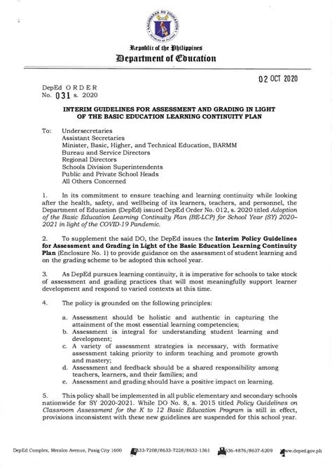 The Department Of Education Issues Deped Order No 31 S 2020 Or The Interim Guidelines For