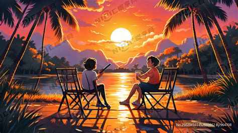 Ai创作图落日晚霞 河边 椰子树旁 草地上 卡通一对情侣 坐在折叠椅上 喝饮料 昵图网