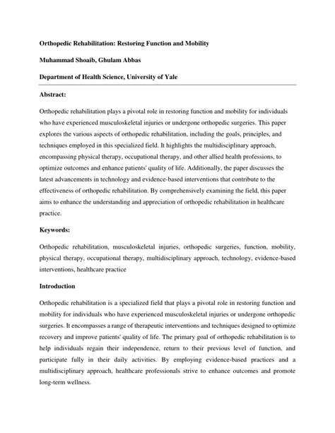 Pdf Orthopedic Rehabilitation Restoring Function And Mobility