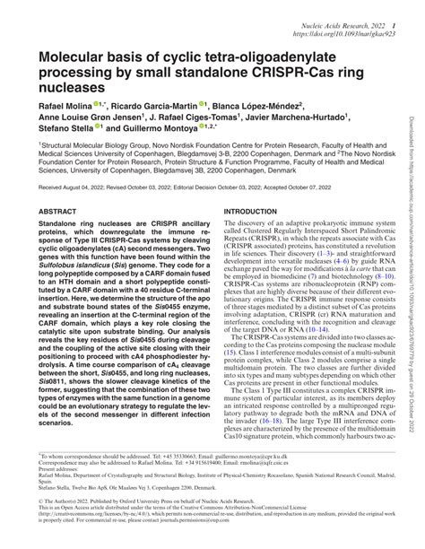 Pdf Molecular Basis Of Cyclic Tetra Oligoadenylate Processing By Small Standalone Crispr Cas