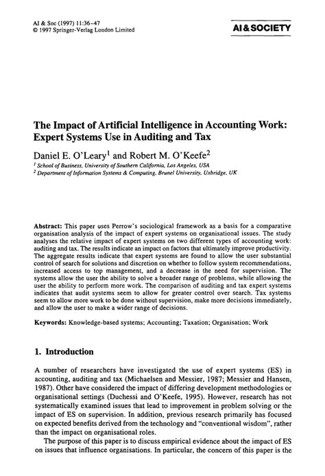 Pdf The Impact Of Artificial Intelligence In Accounting Work Expert Systems Use In Auditing
